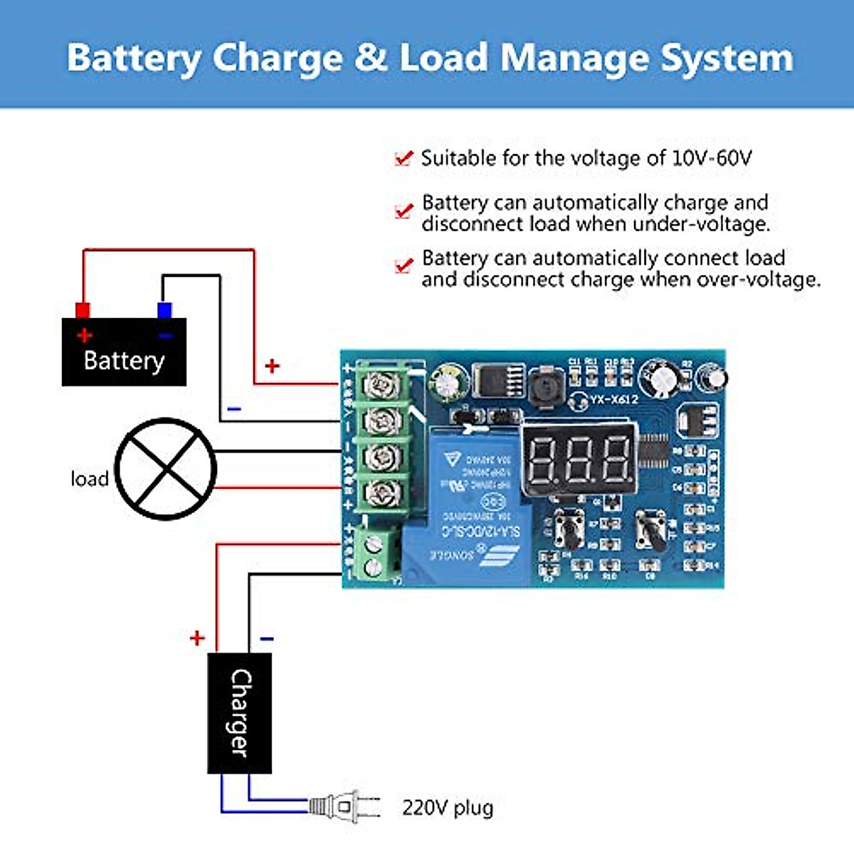 Over-Discharge Protection Storage Battery, 10V-60V 30A Under Voltage Control Module Over-Discharge Protection Storage Battery Module