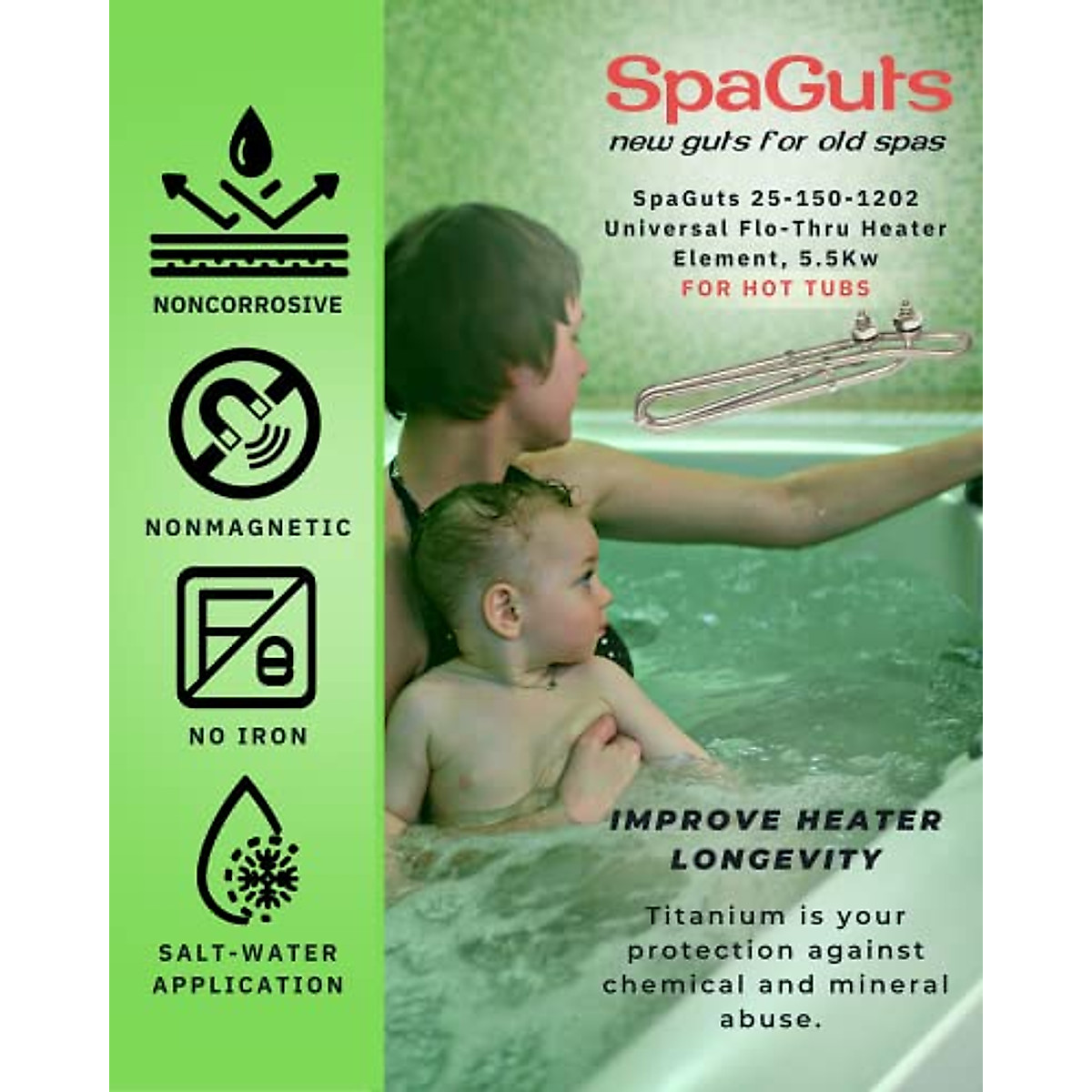 SpaGuts 25-150-1202 Universal Flo-Thru Heater Element, 5.5Kw, Titanium