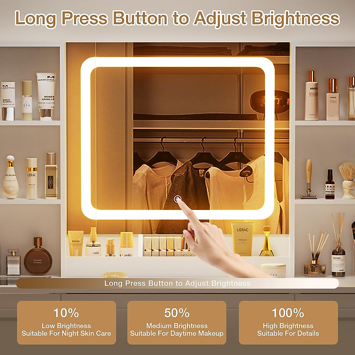 Vanity Desk with Mirror and Lights 45.3“W Makeup Desk with Drawers and Cabinet Vanity Table with Led Light Big Makeup Table with Charging Station Dressing Table with Glass Top for Bedroom White