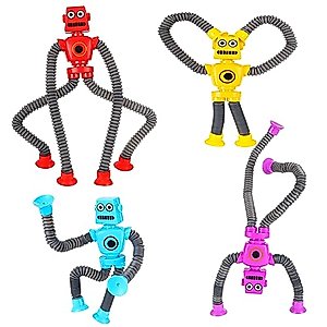 GOHEYI 4 Pack LED Pop Tubes Robot Toys, Telescopic Suction Cup Robot Toys, Robot Fidget Toys for Kids, Sensory Toys for Autistic Children, Gifts for Boys Girls