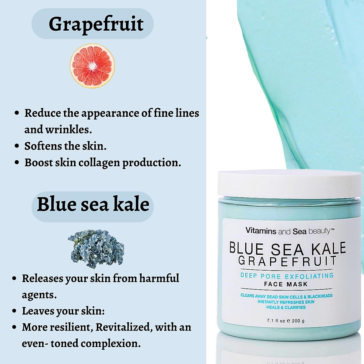 VITAMINS AND SEA BEAUTY, Exfoliating Face Mask Deep Cleansing Purifying Blackhead Pore Control with Blue Sea Kale and Grapefruit, Skincare for All Skin Types, 8.5 Fl Oz