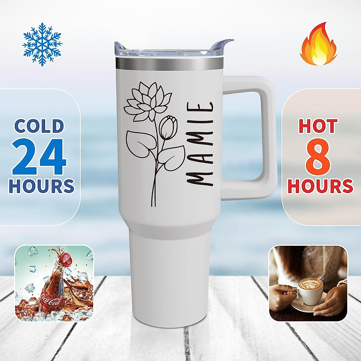 Personalized Gifts 40 Oz Tumbler with Handle and Straw Lid with Names and Birth Flower, Custom Stainless Steel Double Walled Vacuum Insulated Cup, Customized Photo Gifts for Women Men