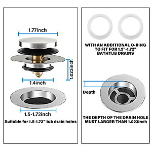 Bathtub Drain Stopper, Uxoz Universal Tub Stopper for Replacing Tip Toe/Trip Lever/Lift&Turn Tub Drain, Bath Tub Drain Stoppers Desiged for 1.5"-1.72" Drain Hole with 3 O-Rings, Chrome Plated