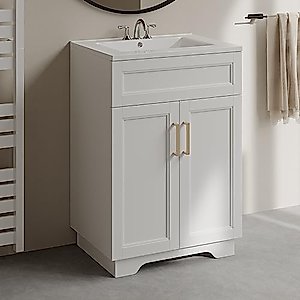 OLD CAPTAIN Bathroom Vanity with Ceramic Sink, Wooden Double Door Bathroom Storage Vanity with 24 Inch, Small Quick Assembly Bathroom Cabinet, White & Grey - Faucets and Downpipes Not Included (White)