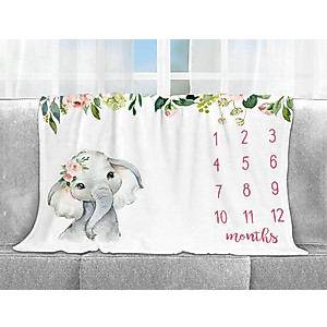 Popfavors Floral Elephant Baby Monthly Milestone Blanket, Jungle Elephant Girl's Soft Fleece Monthly Milestone Blanket , Girl Elephant Nursery Infant Newborn, Includes Marker (White, 50x40 inch )