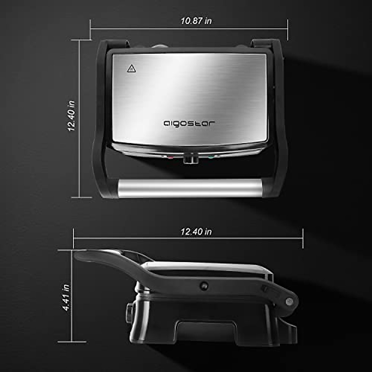 Aigostar Electric Panini Press, 1500W Stainless Steel Sandwich Maker with Adjustable Temperature Setting, Opens 180 Degree Indoor Grill with Non-stick Plates, Removable Drip Tray and Indicator Lights