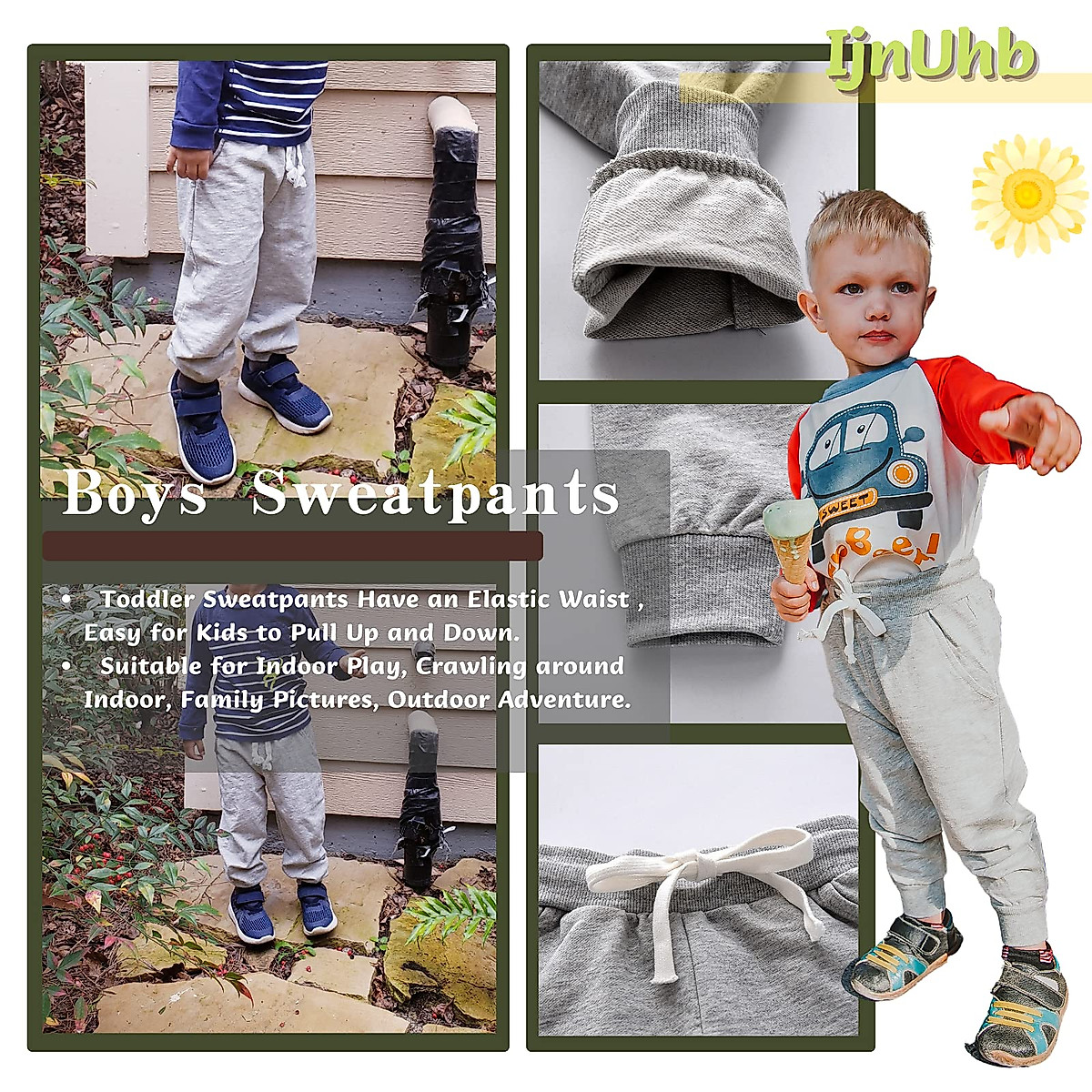 IjnUhb Baby Boys' 2-Pack Cotton Pants, Toddler Pull-on Jogger with Dinosaur Drawstring Elastic Waist