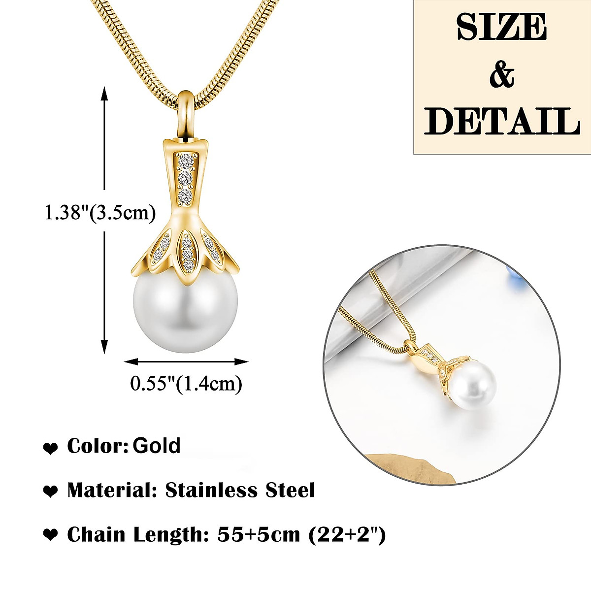 Pearl Urn Necklace for Ashes Memorial Cremation Necklaces Stainless Steel Ashes Necklace for Men Women(Gold)-You Lighted Up My World