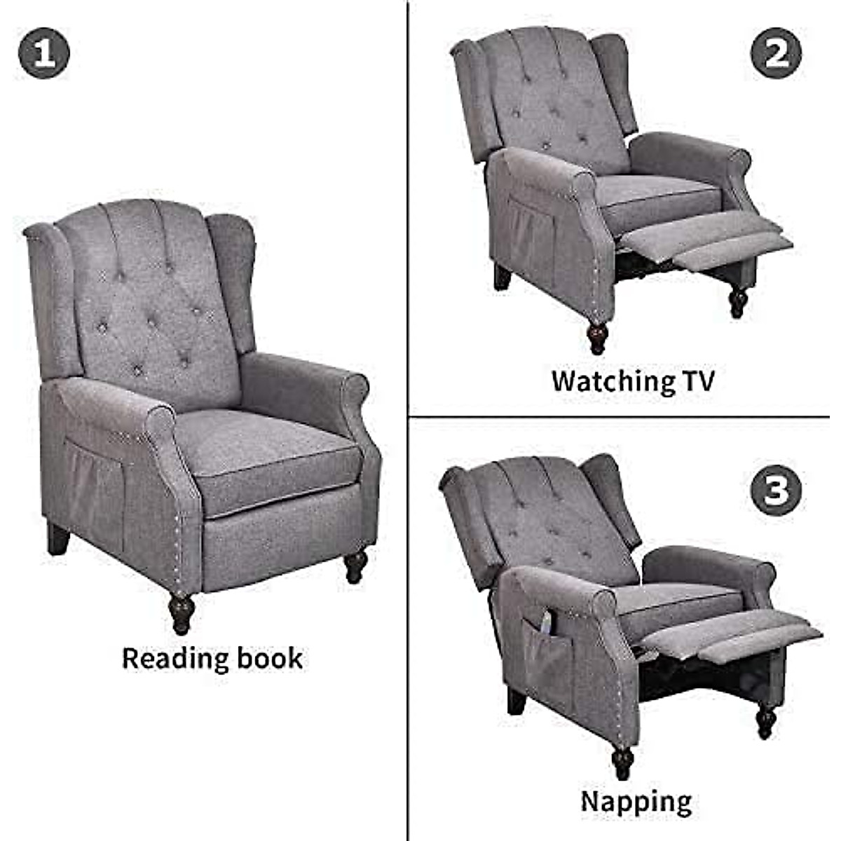 BINGTOO Recliner Chair with Massage and Heat 2 Chairs Set- Accent Chairs for Living Room- Tufted Fabric Push Back Recliner Chair, Footrest and Nailhead Trim, Wooden Legs, Wingback (Double, Gray)