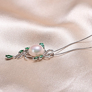 HXZZ Fine Jewelry Gifts for Women 925 Sterling Silver Freshwater Cultured White Pearl Pendant Necklace Green Hope