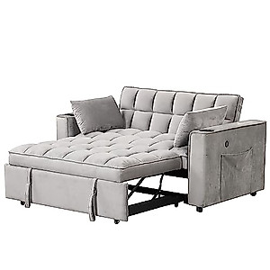 FULife 58" Convertible Sofa Couch with Pull-Out Sleeper,Adjustable Loveseat Armchair Single Bed Chair with Cup Holder,USB Port,Side Pocket&Pillows for Living Room/Apartment/Office/Studio/Small Place