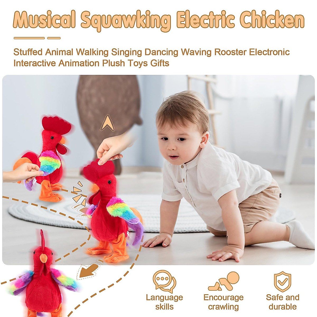 SdeNow Musical Squawking Chicken Stuffed Animal Walking Singing Waving Rooster Fun Electronic Interactive Animation Plush Toys Gifts for Kids