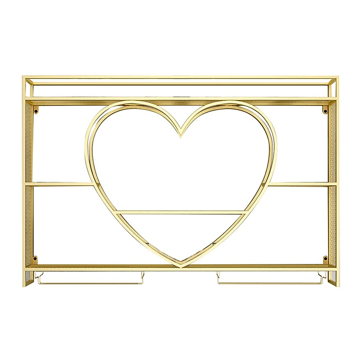 LITFAD Modern Wall Mounted Wine Rack Metal Wine Bottle & Glass Rack Iron Display Stand Wine Holder with Shelves - 1 Piece Gold Heart Shape