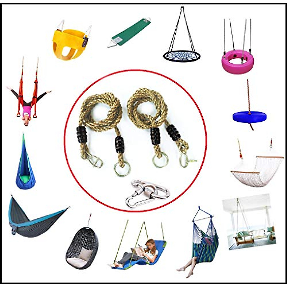 Tree Swing Ropes Hammock Chair Straps Hanging Kit with 2 Carabiners for Replacement, Adjustment or Extension - 6ft & Holds to 600lbs, Perfect for Children Swing, Outdoor Hammock and Hanging Chair