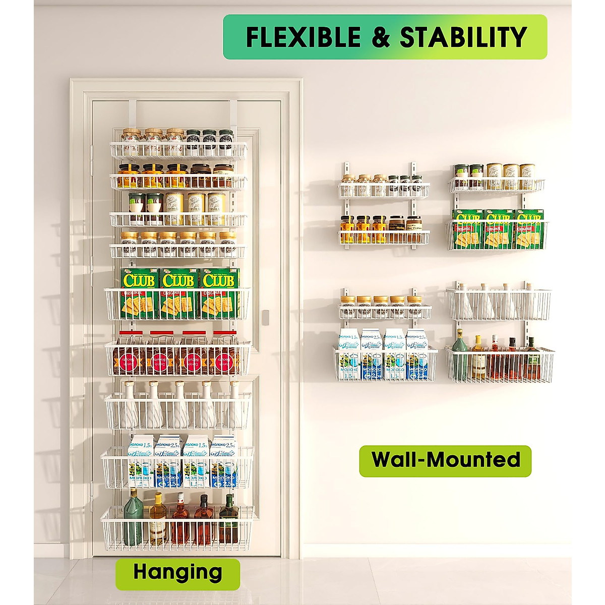 Mefirt White 9-Tier Over The Door Pantry Organizer, Pantry Organization and Storage, Deep Baskets Hanging Heavy-Duty Metal, Wall Spice Rack Seasoning Shelves for Home & Kitchen, Laundry Room Bathroom