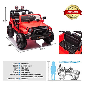 2 Seater Ride On Truck and Car Cover, 12V Children's Electric Car with Parental Remote Control, Music, MP3 Player, LED Lights, Spring Suspension, Red
