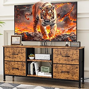 Lulive Dresser TV Stand, Wide Dressers & Chests of Drawers with Charging Station & 4 Drawers Storage for 50 inch TV, Media Console Sofa Table for Bedroom, Living Room (Rustic Brown)