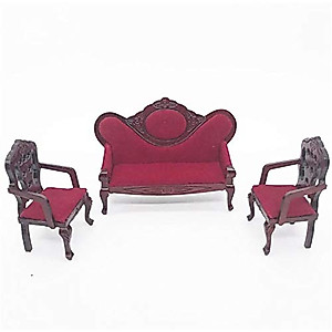 EatingBiting 1:12 Miniature Living Room Furniture Vintage Red Wooden Sofa Armchair Couch Table 3pcs Set Sofa + 2 Chairs