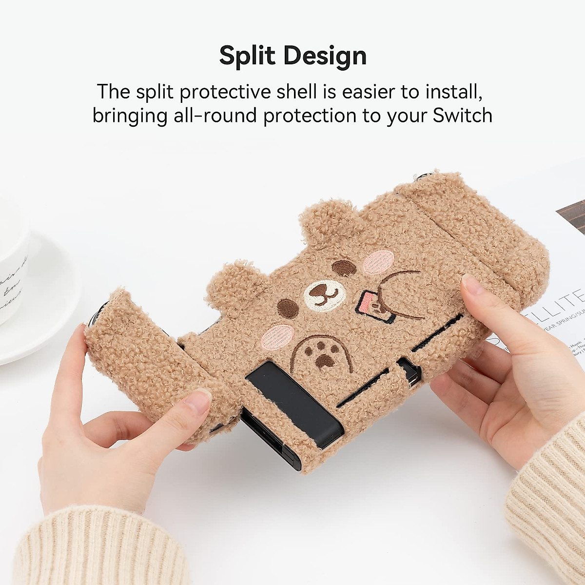 GeekShare Cute Plush Protective Case Cover Compatible with Nintendo Switch OLED Console and Joy Con - Shock-Absorption and Anti-Scratch Skin Case for OLED Switch - Plush Bear