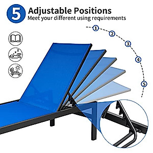 LYMJARD Patio Chaise Lounge 3 Pcs Aluminum Lounge Chair Sets Outdoor 5 Position Adjustable, All Weather for Pool Beach Patio Backyard Lawn and Garden,Side Table Included (Blue Textilene)