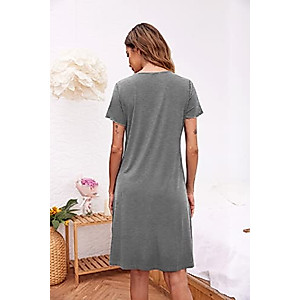 Ekouaer Women's Nightshirt Short Sleeve Button Down Nightgown V-Neck Sleepwear Pajama Dress, Grey, Large