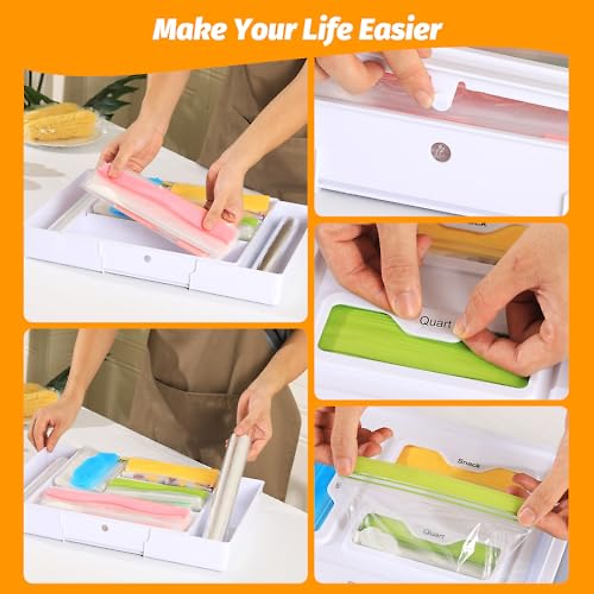 CiWiVOKi Expandable Storage Bag Organizer for Kitchen Drawer, 6 in 1 Foil and Plastic Wrap Dispenser with Cutter, Plastic Organization and Storage for Sandwich Gallon Quart Snack Bags, 3.2"High, White