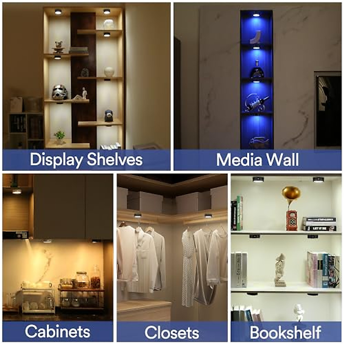 TECOMLIGHT LED Puck Lights with Remote & Timer, Battery Operated Wireless Under Cabinet Lights, Stick on Tap Light, RGB & Warm White Under Counter Light for Kitchen, Closets, Shelf, 5 Pack - Black