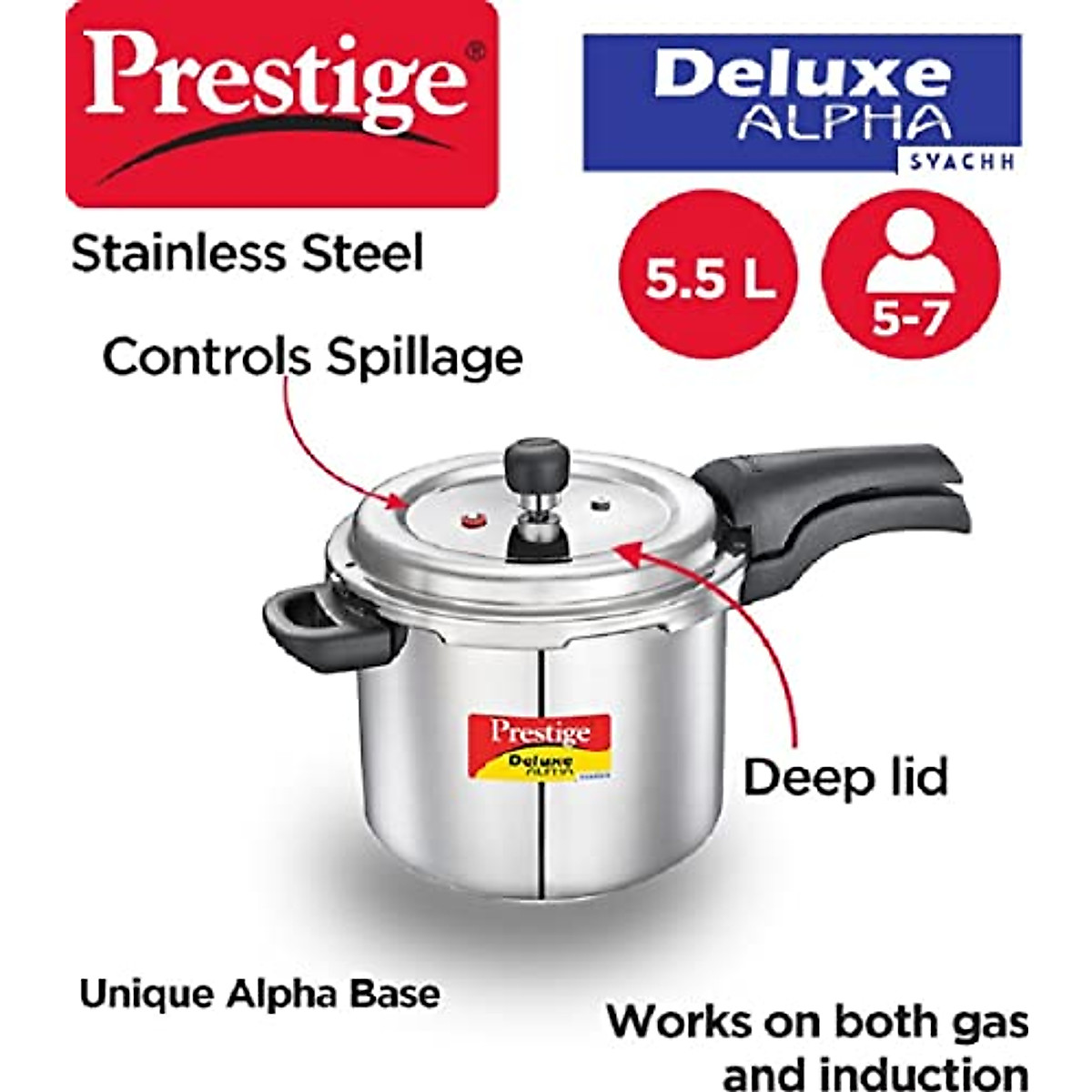 Prestige Svachh Pressure Cooker, 5.5 Liter, Silver