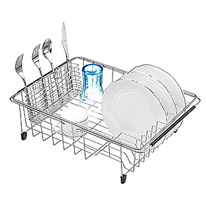 ARCCI Expandable Dish Drying Rack Over The Sink, Large Capacity Sink Dish Rack Drainer Plate Organizer Shelf with Removable Utensil Holder, Dish Drainer Rack for Kitchen Counter, Inside Sink