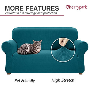 Cherrypark High Stretch Couch Cover for 2 Cushion Couch Universal Waterproof 2 Seat Sofa Covers Non Slip Sofa Slipcovers with Elastic Hem Living Room Furniture Protector (Medium, Blackish Green)