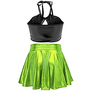 SFBBCLOZ Metallic Top Metallic Skirt Set 2 Piece Outfits for Women Holographic Outfit Women Club Outfits for Women Rave Outfits for Women Latex Skirt Clubwear Beachwear (Green, L)