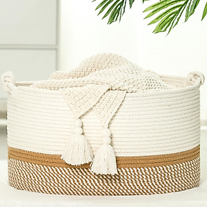 Norheirui Blanket Basket 20”x13”x11”,Large Woven Basket for Storage,Cotton Rope Basket for Blankets in Living Room,Blanket Storage,Kids Toy Basket, Rope Baskets with Handles, Large Basket,White/Brown
