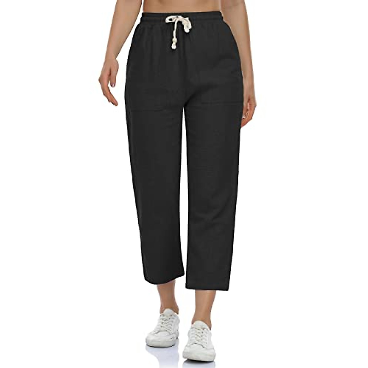 sherelie Linen Pants for Women, Drawstring 4 Pockets High Waisted Lounge Casual Pull-On Beach Pants, Black, XL