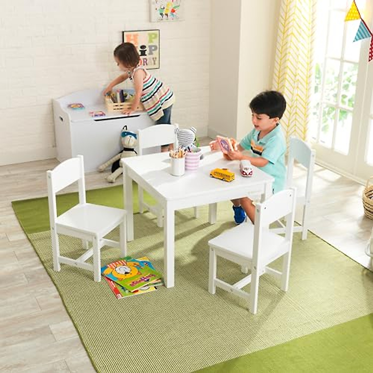 KidKraft Wooden Farmhouse Table & 4 Chairs Set, Children's Furniture for Arts & Activity - White