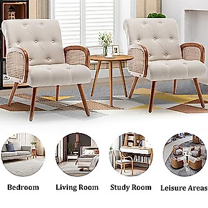 POINTANT Rattan Accent Chair Modern Chair with Rattan Arms Reading Side Mid Century Chair Living Room Chair Boho Chair with Wooden Frame for Home Bedroom Beige