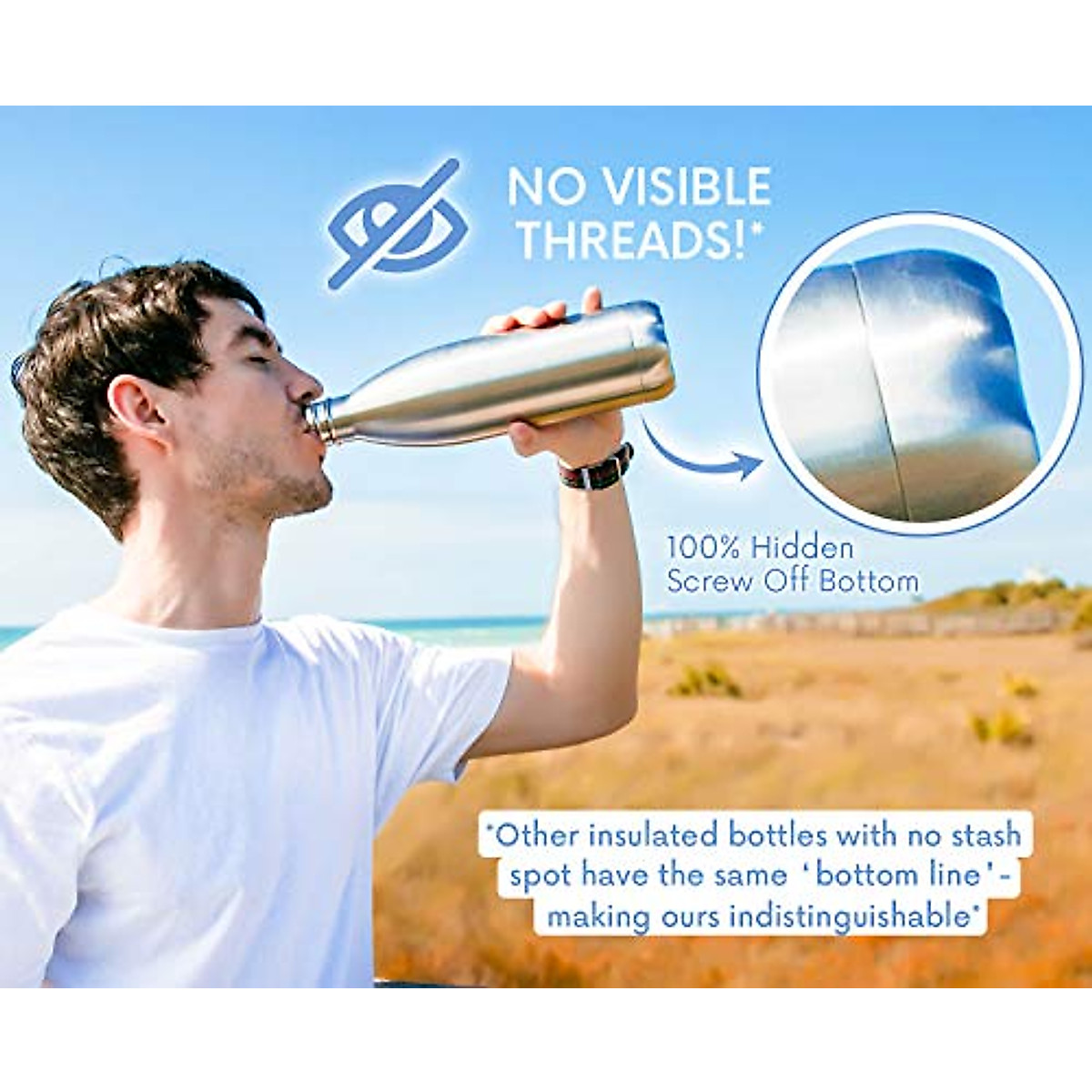 Travah Travel Water Bottle Stainless Steel Water Bottle with Storage for Cash, Keys, Valuables Insulated Water Bottle for Men and Women Hot and Cold Water Bottle Leak-Proof Water Bottle (Silver)