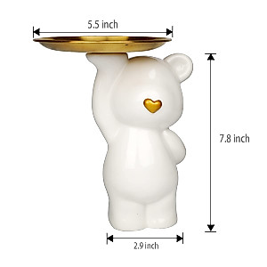 OILISI Jewelry Tray,Ceramic Bear Statues with Gold Dish for Ring Earring Holder,Decorative Tray for Table Bathroom Living Room Entry-way Decoration,Fit for Candy Key Necklaces Lipstick Holder