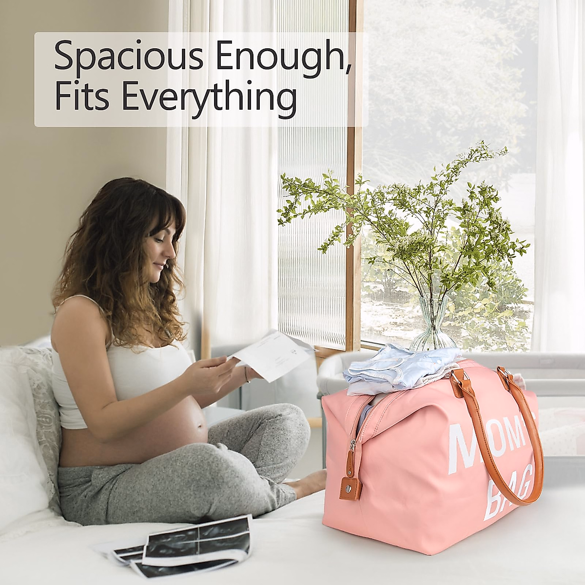 printe Mommy Tote Bag for Hospital, Large Capacity Diaper Bag for 2 Kids, Waterproof Hospital Bag for Labor and Delivery with Straps, Travel Baby Diaper Bag, Pink