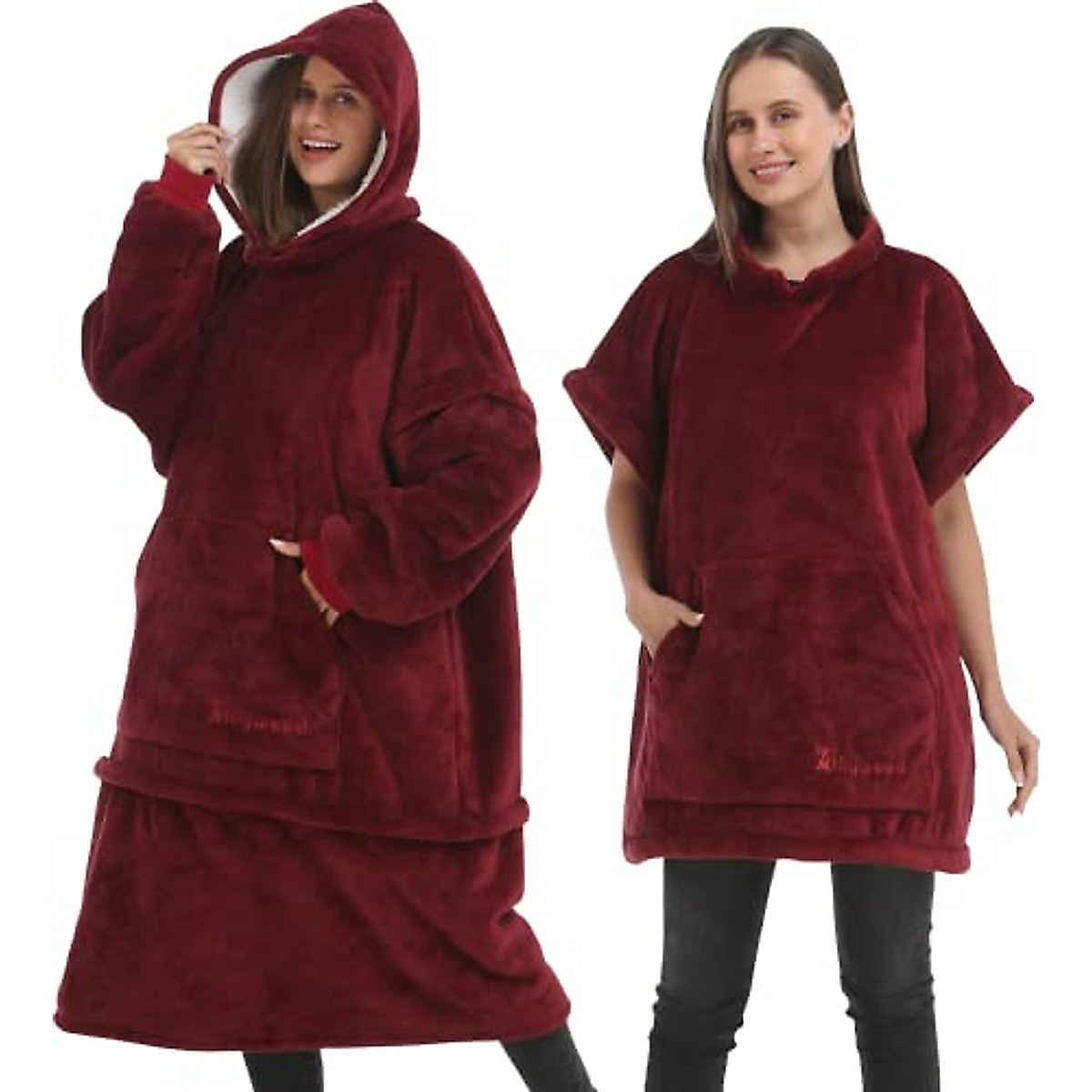 Zillywood Oversized Wearable Blanket Hoodie with Removable Sleeves, Hood and Bottom. Soft Customizable Fleece Blanket Hoodie with Sleeves, Wearable Warm Snuggle Blanket with Zippers. (Wine, One Size)