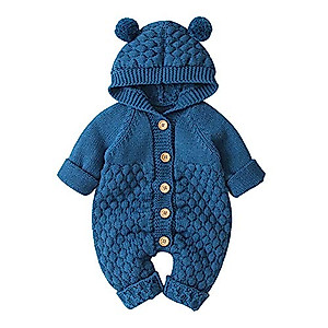 OBEEII Infant Baby Boy Girl Knitted Hoodie Bear Ear Hooded Jumpsuit Overalls Bodysuit Deep Blue 0-6 Months
