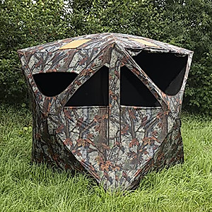 Tag Out Hub Hunting Blind, 3 Person Pop Up Ground Blind, Bloodtrail Woodland Camo and blaze orange safety panels, TA350BT, By Barronett Blinds, 90x90"