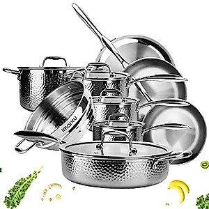 imarku Stainless Steel Pots and Pans Set, 14-Piece Tri-Ply Hammered Stainless Steel Cookware Set, Professional Induction Kitchen Cookware Sets, Oven Dishwasher Safe, Non Toxic PFAS Free, Silver