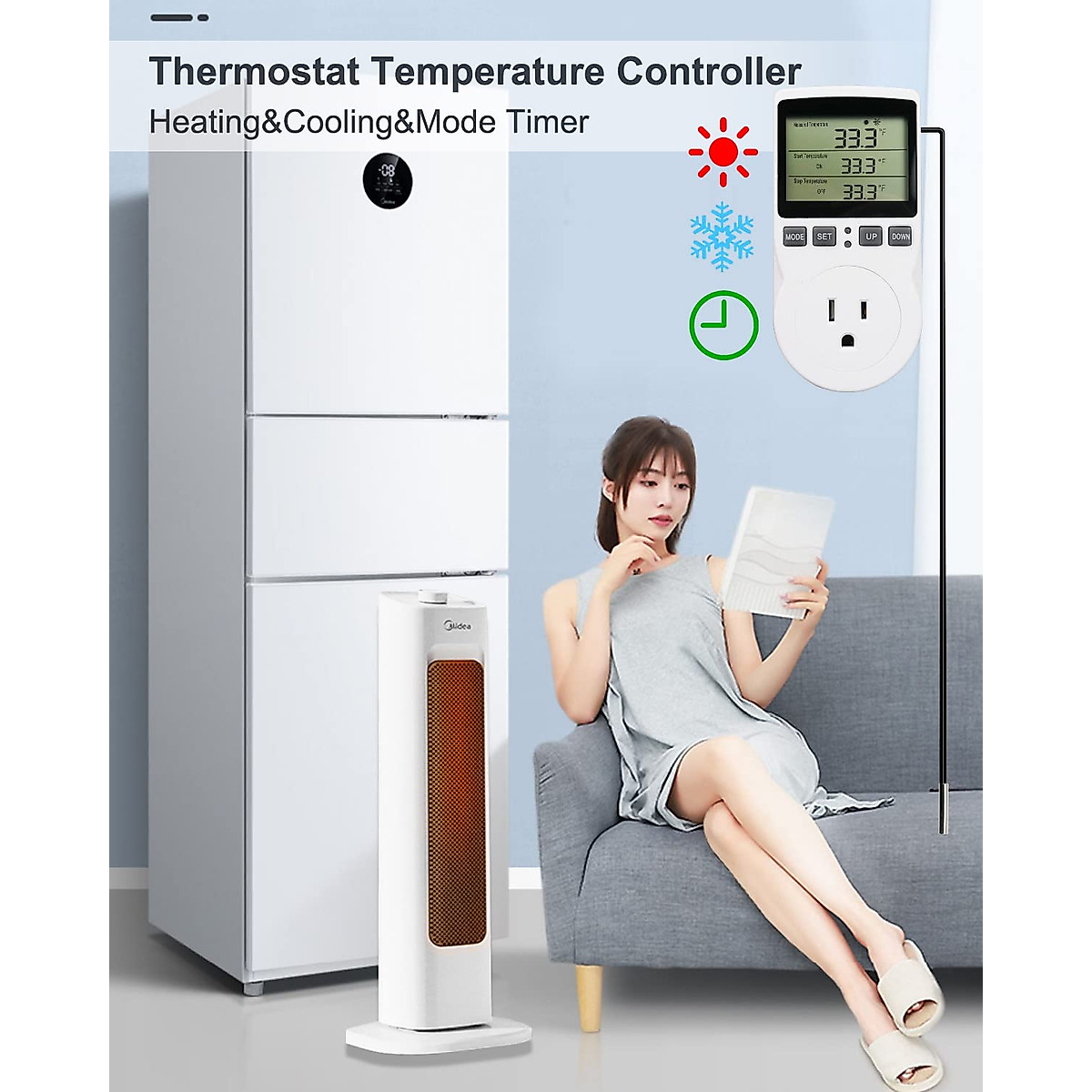 Digital Temperature Controller Outlet, 120V Electric Thermostat Outlet Plug with Timer Heating Cooling Control 110V for Reptile Terrarium Greenhouse Refrigerator