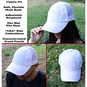 Antourage American Flag Unconstructed Hat for Men and Women Twill Mesh Snapback Baseball USA Flag Cap + 2 Patriotic Patches ((16) White Classic Mesh Snapback)