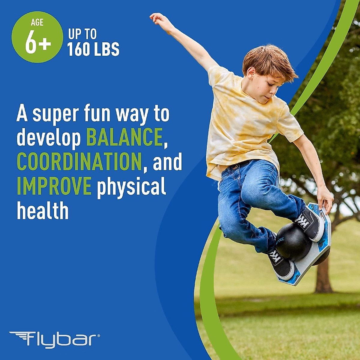 Flybar Pogo Trick Ball for Kids, Trick Bounce Board for Boys and Girls Ages 6+, Up to 160 lbs, Includes Pump, Easy to Carry Handle, Durable Plastic Deck Indoor, Outdoor Toy Pogo Jumper (Blue Camo)