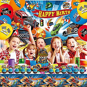 58 Pcs Hot Car Birthday Party Supplies,Included Banner,Hanging Swirls,Tablecloth,Cake Topper,Cupcake Toppers,Backdrop,Balloon for Boy and Girl Wheel Party Decorations