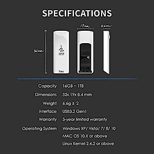 TCELL Push 128GB USB 3.2 Gen1(3.1/3.0) USB Flash Drive Read Speed up to 100MB/s, Retractable Design Memory Stick Thumb Drive, White