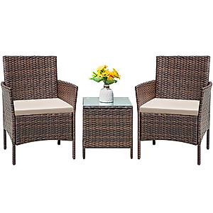 Flamaker Patio Furniture Set 3 Pieces All-Weather Rattan Outdoor Furniture Patio Chairs with Tempered Glass Table for Porch Bistro Balcony (Brown/Cream)