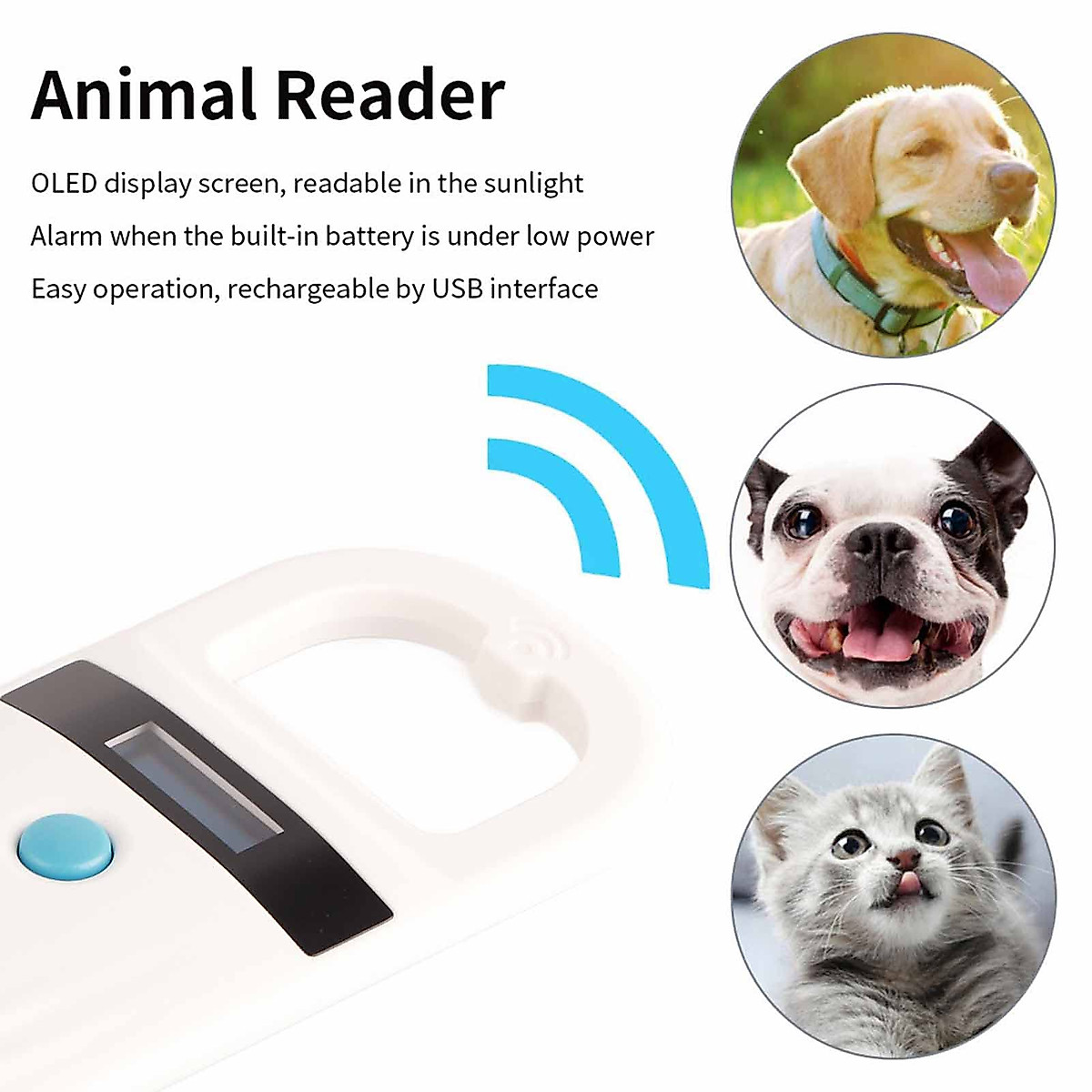 Rechargeable Animal Chip ID Scanner Microchip Scanner Pet Tag Scanner with OLEDDisplay, Low Power Alarm