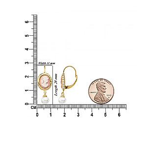 Auriga Fine Jewelry 925 Sterling Silver Gold-plated Simulated Pearl Cameo Dangle Earrings with Leverback for Women (L- 1.11 Inch, W- 0.44 Inch)